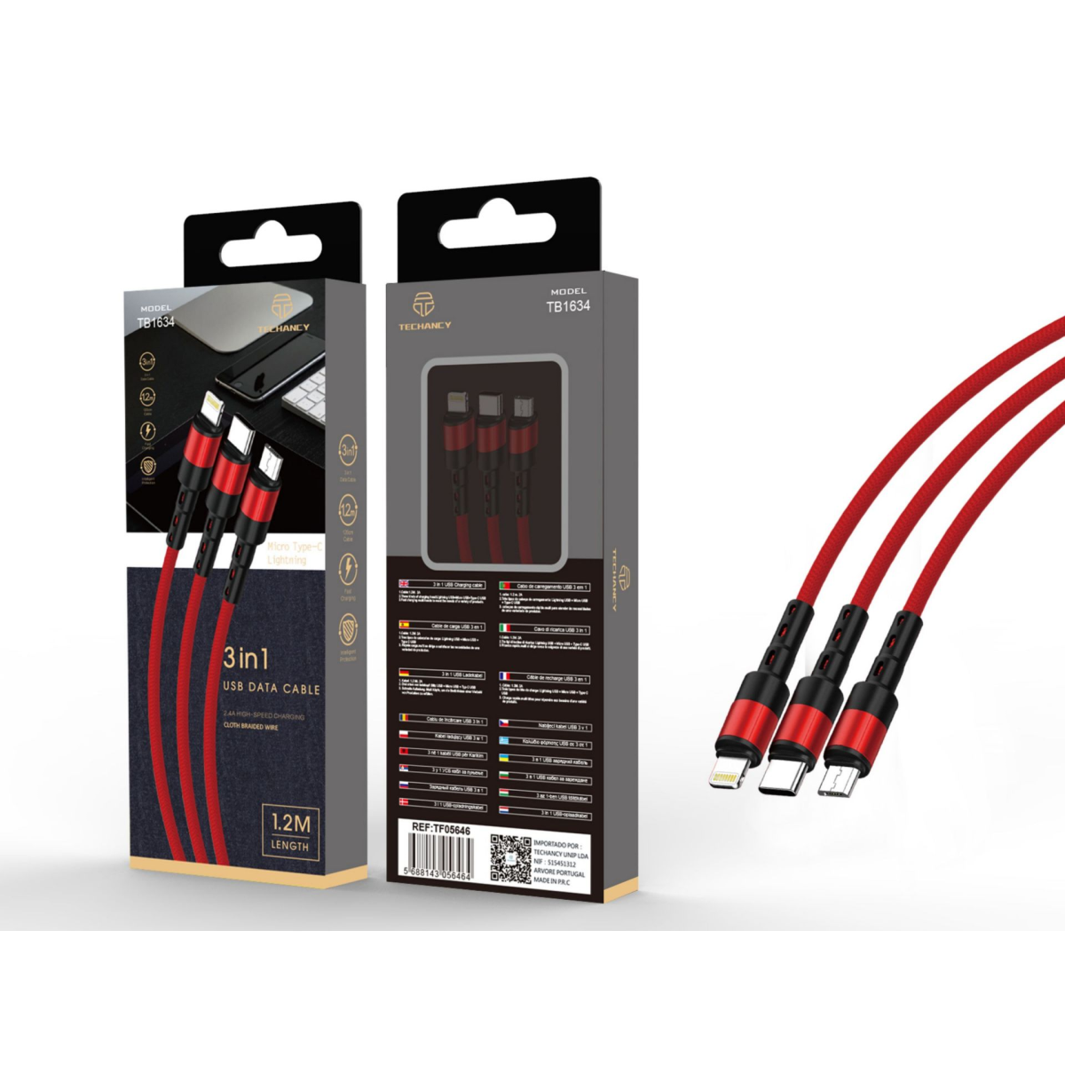 Red Usb 3In1 2A 1.2M Cable - TF05646 | Techancy Europe B2B Online