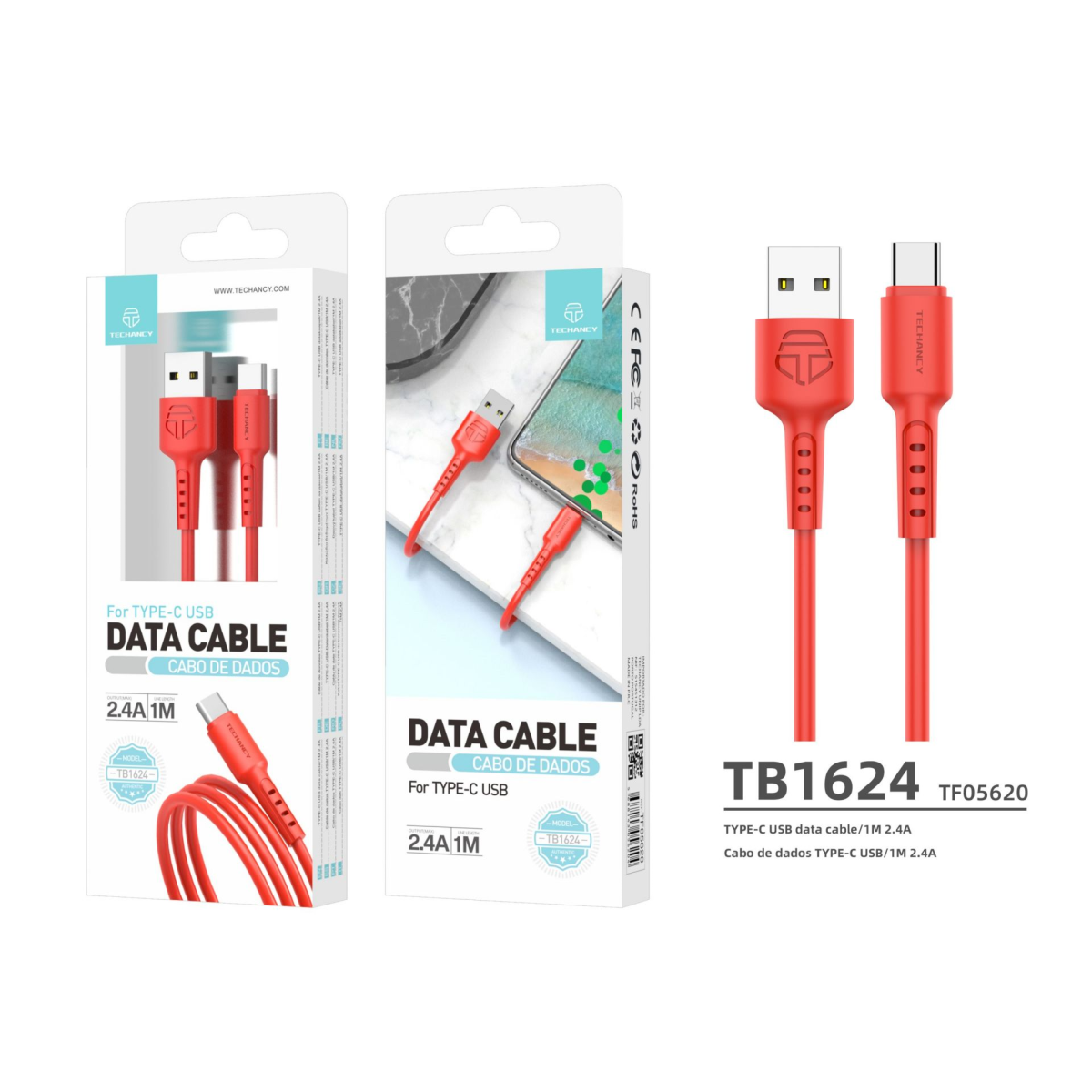 Red Usb-Type C 2A 1M Cable - TF05620 - Techancy Europe B2B Online