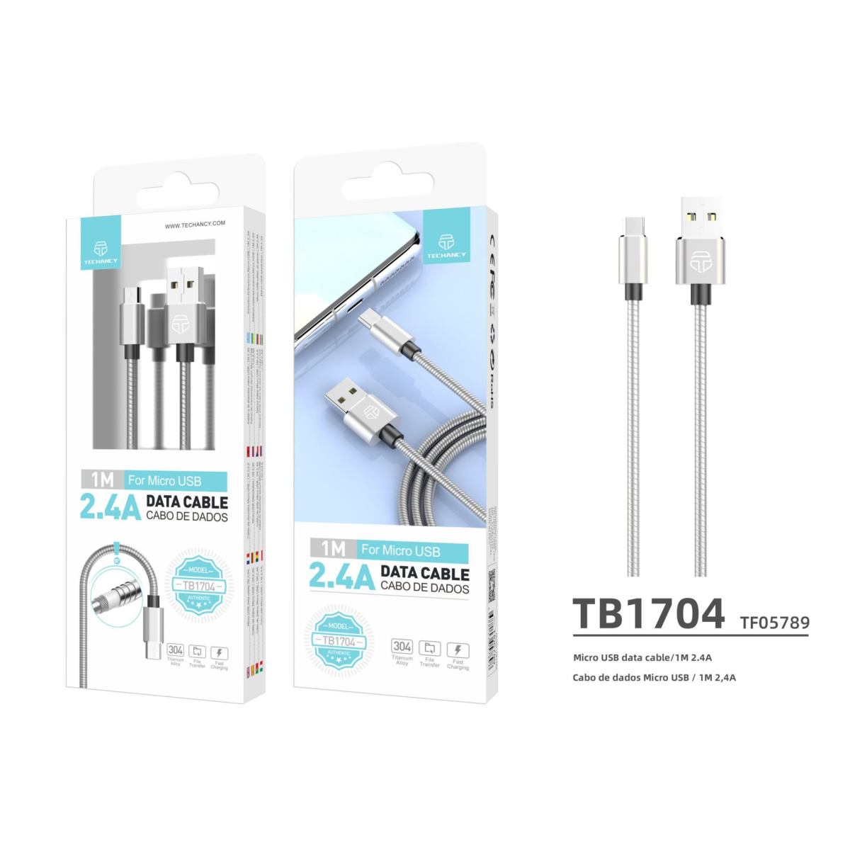Micro Usb Data Cable 2.4A Aluminum 1M Silver - TF05789 - Techancy ...